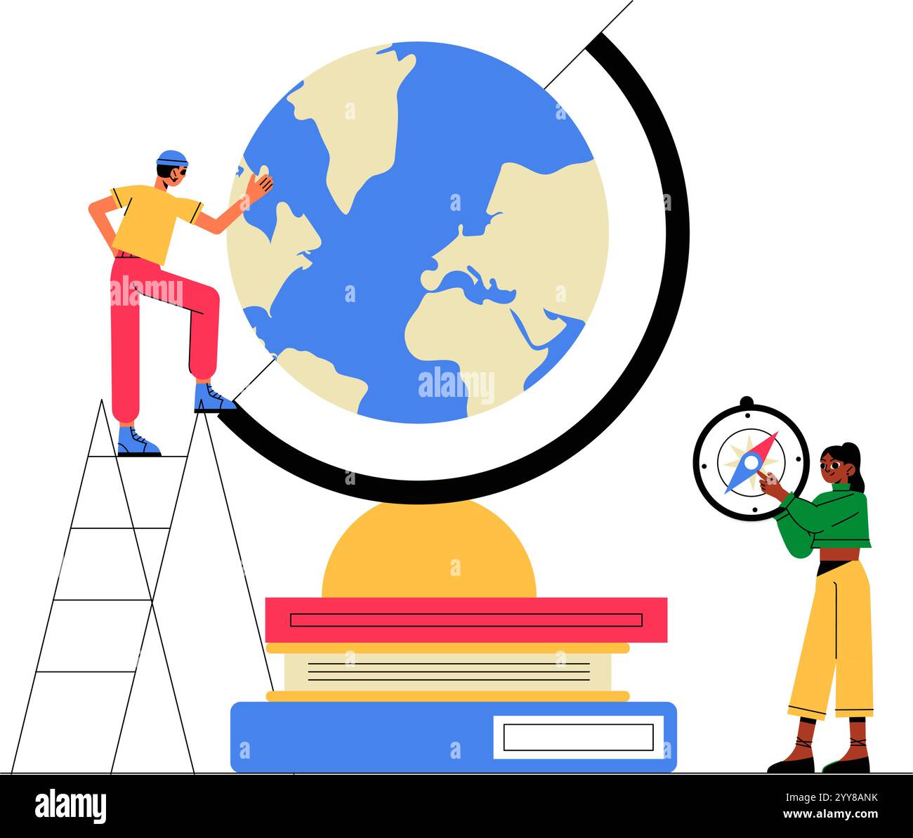 Male And Female Characters Exploring World Map Globe In Flat Vector ...