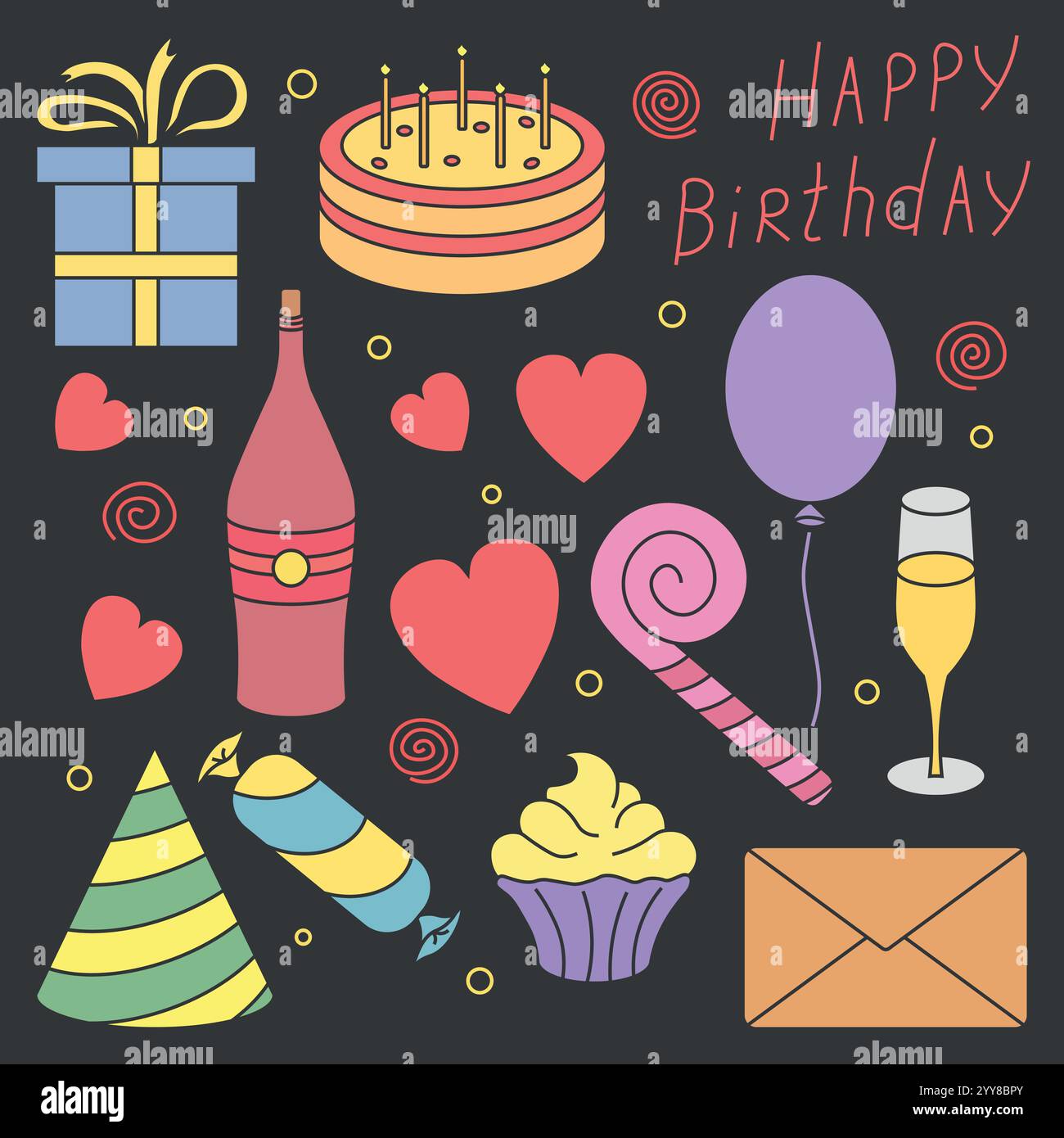 Happy birthday icons. Birthday background. Illustration with cake, gift ...