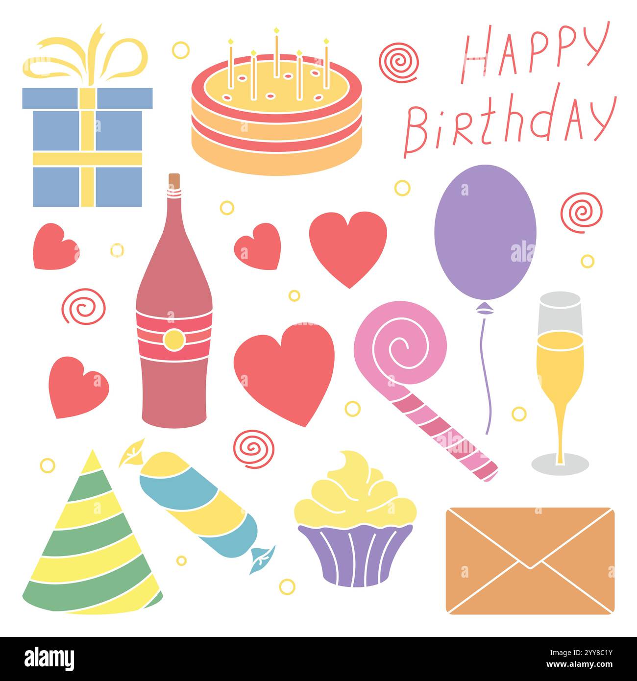 Happy birthday icons. Birthday background. Illustration with cake, gift ...