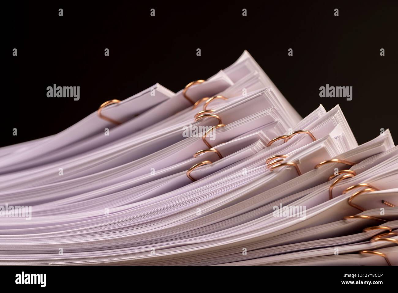 white blank sheets of paper connected by copper staples, a close-up of ...