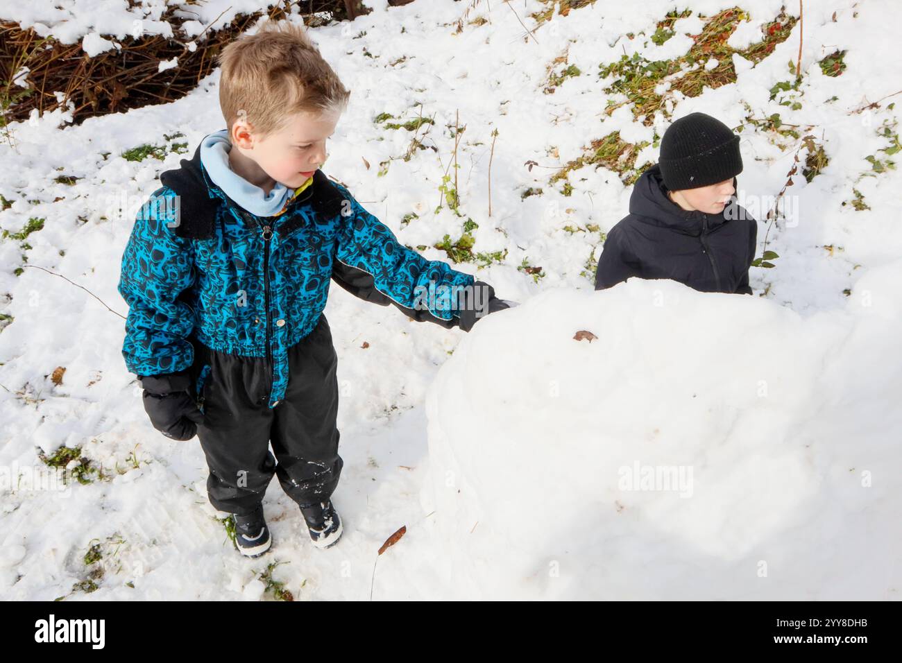 Two brothers building a snow fort in the backyard - Winter fun Stock ...
