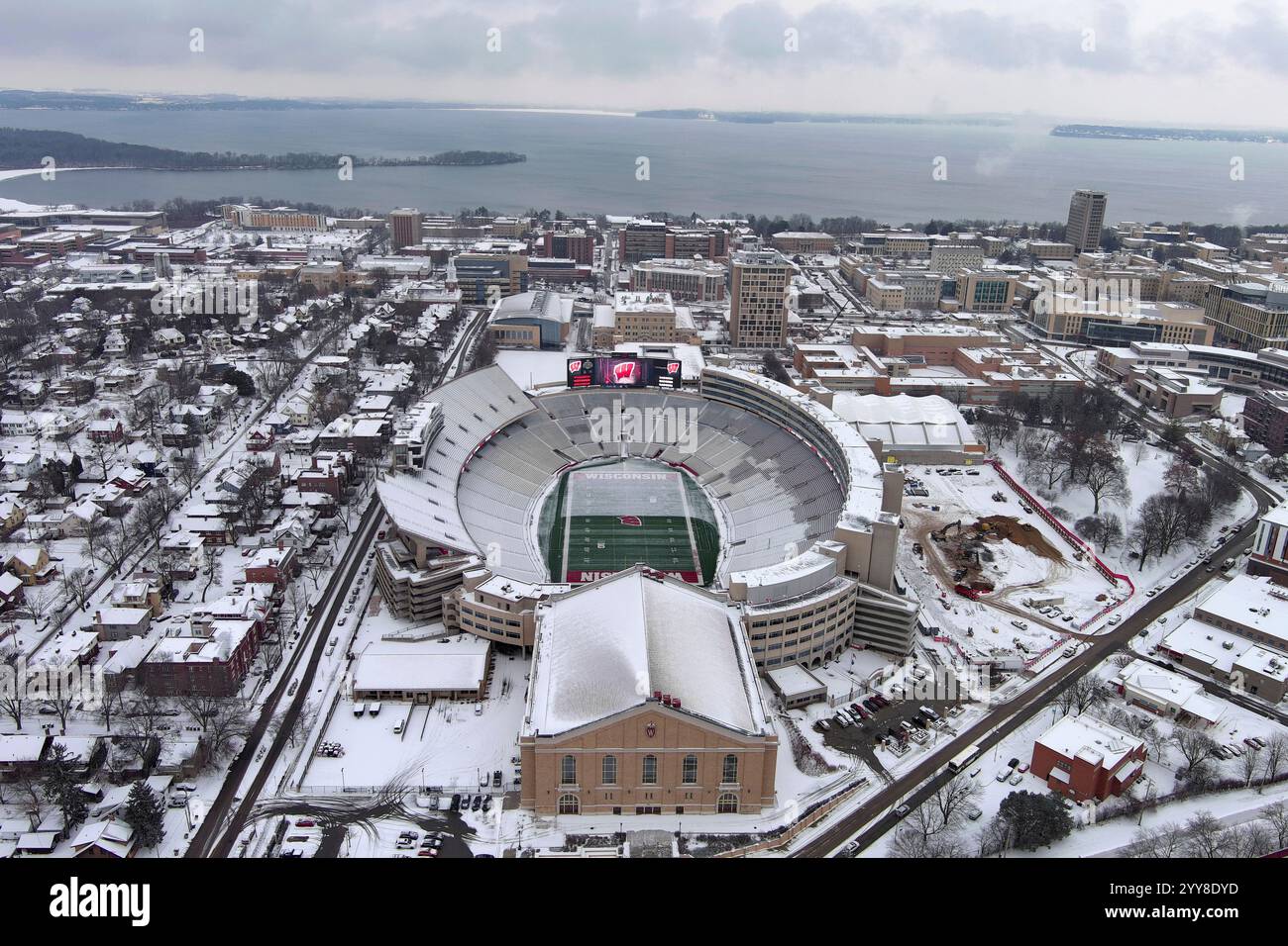 A general overall aerial view of the Camp Randall Stadium and UW Field ...