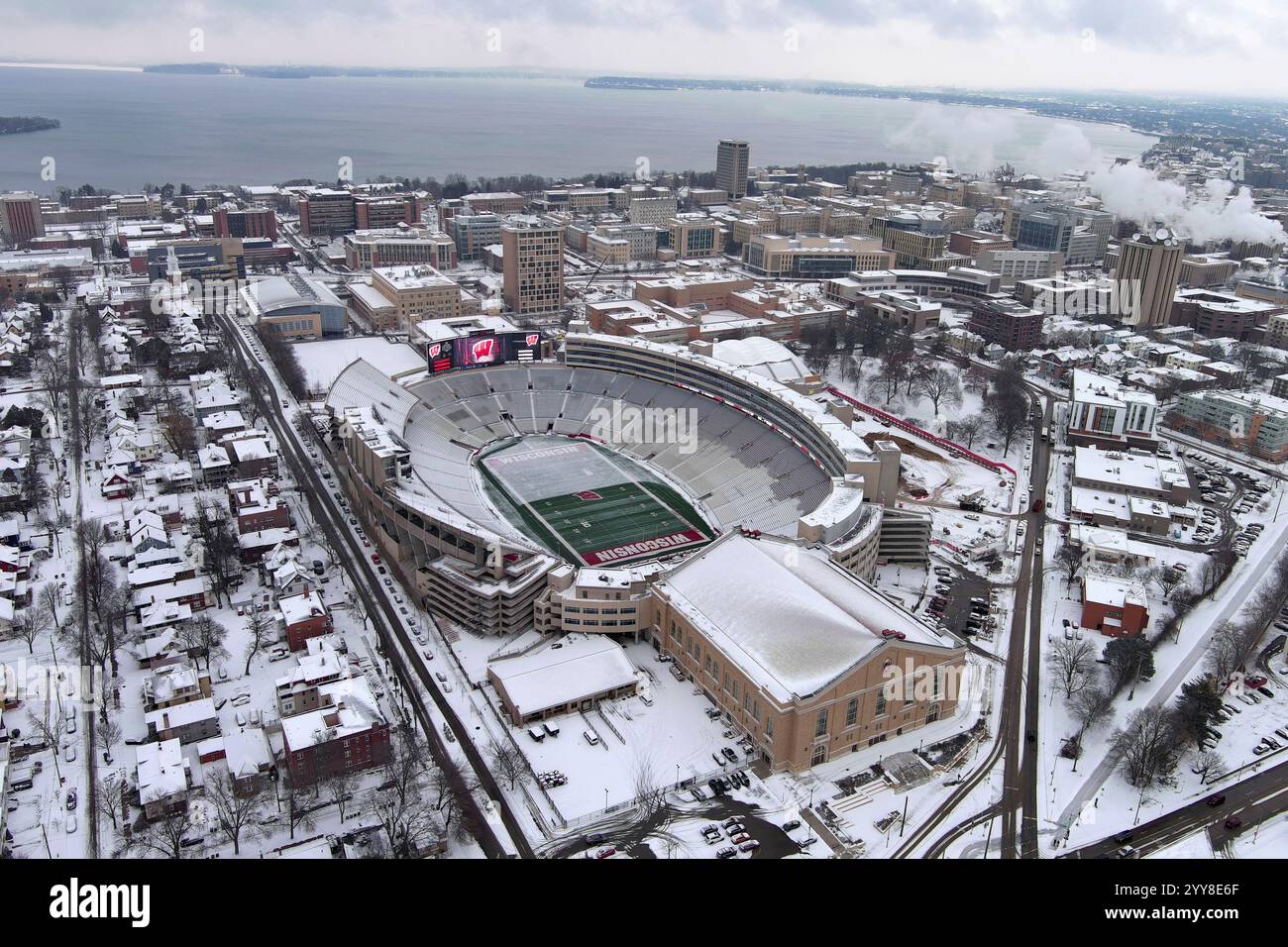 A general overall aerial view of the Camp Randall Stadium and UW Field ...