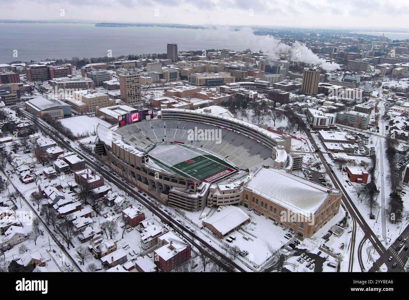A general overall aerial view of the Camp Randall Stadium and UW Field ...