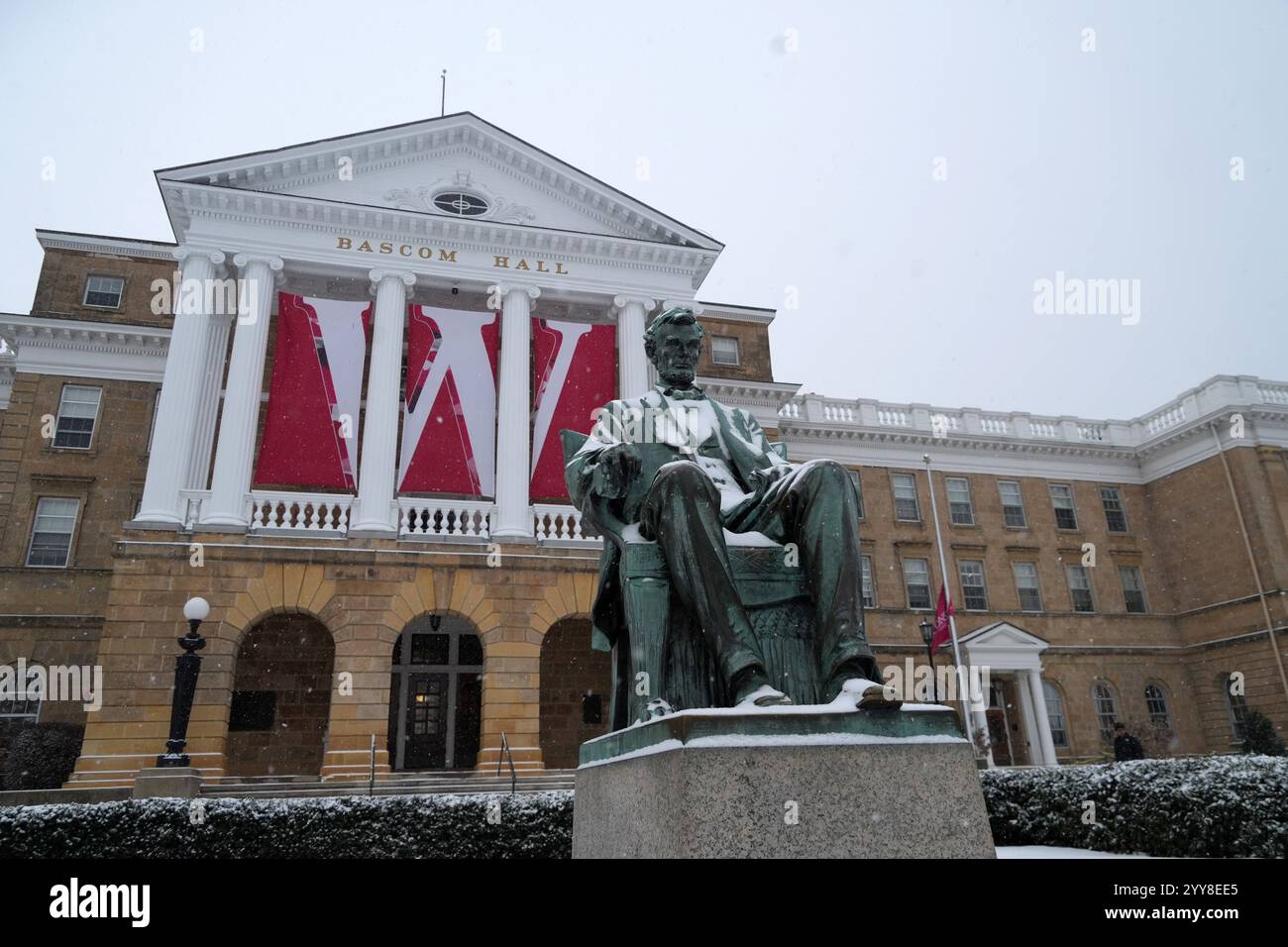 A general overall view of Abraham Lincoln statue in the snow at Bascom ...