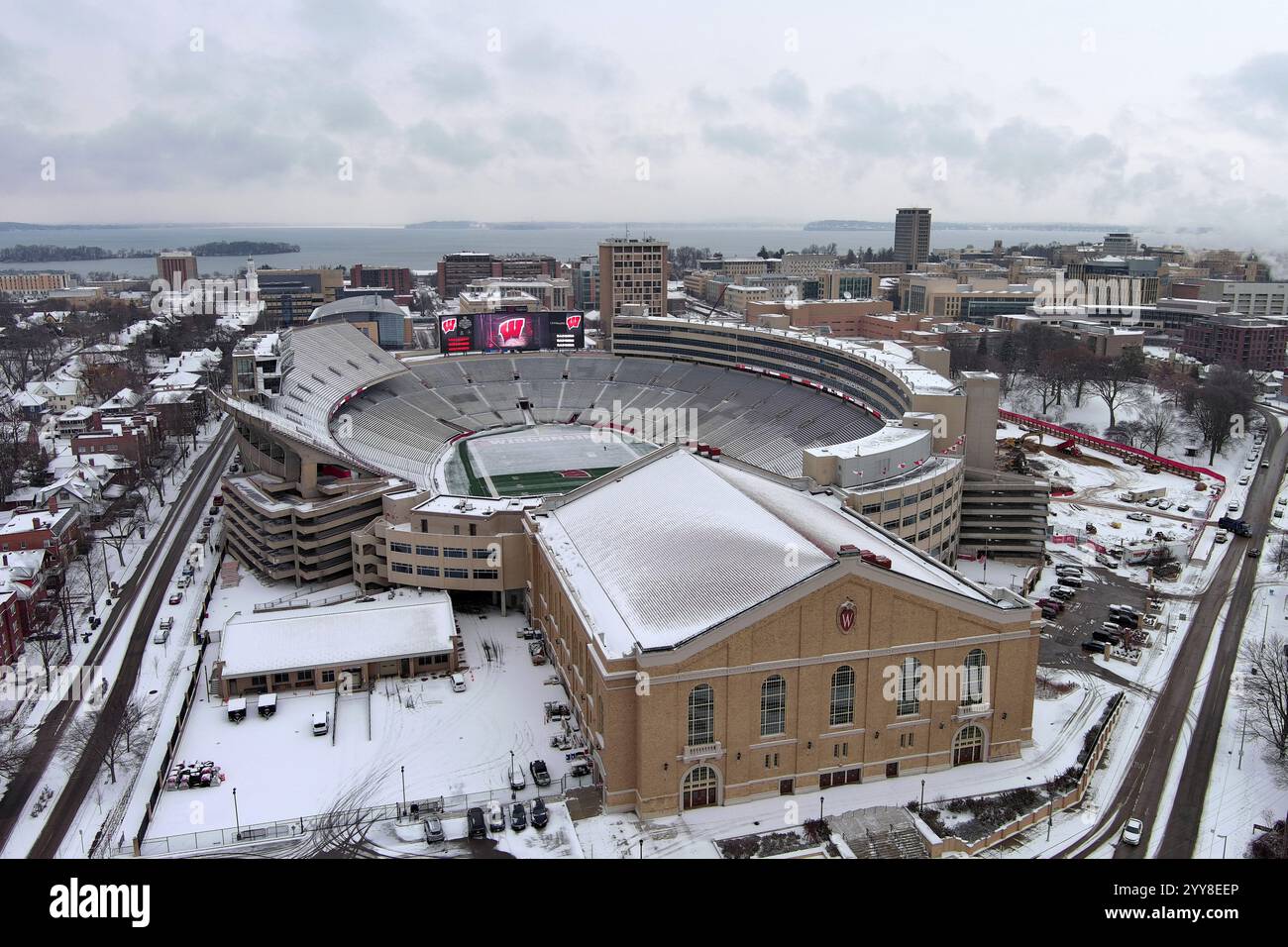 A general overall aerial view of the Camp Randall Stadium and UW Field ...