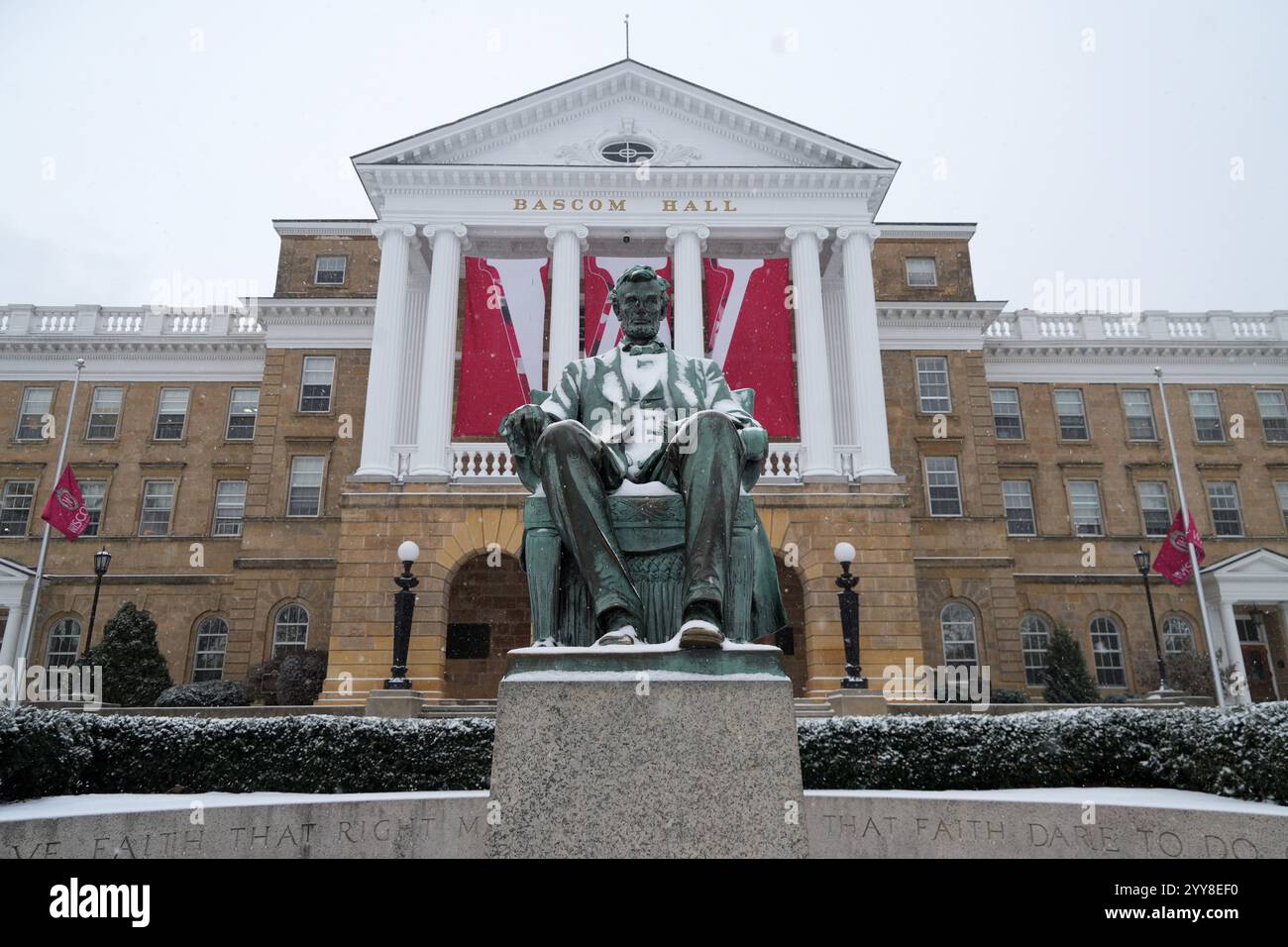 A general overall view of Abraham Lincoln statue in the snow at Bascom ...