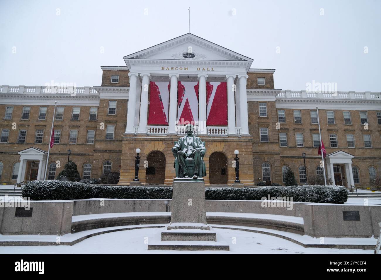 A general overall view of Abraham Lincoln statue in the snow at Bascom ...