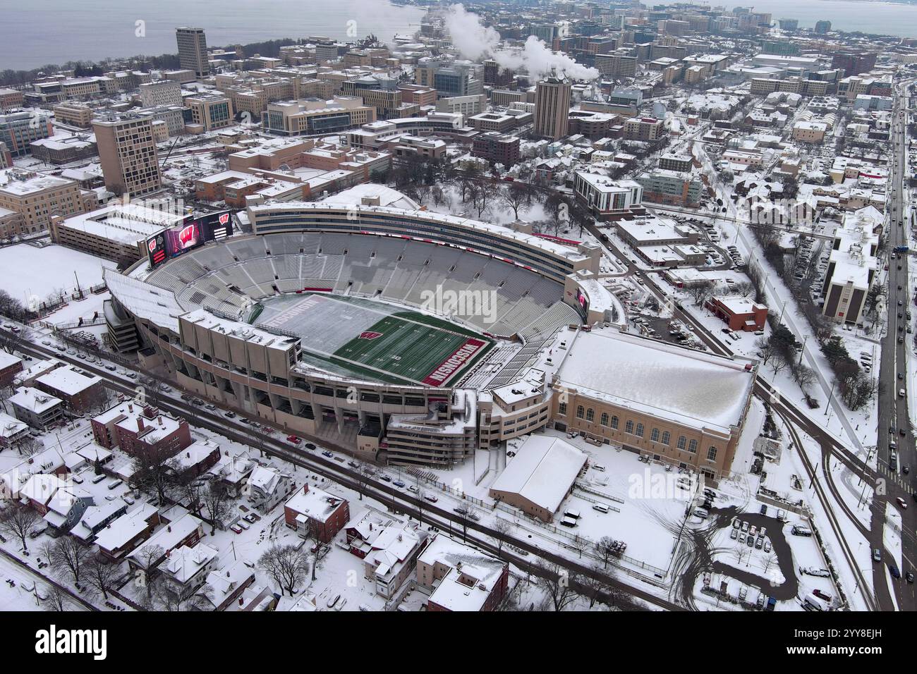 A general overall aerial view of the Camp Randall Stadium and UW Field ...