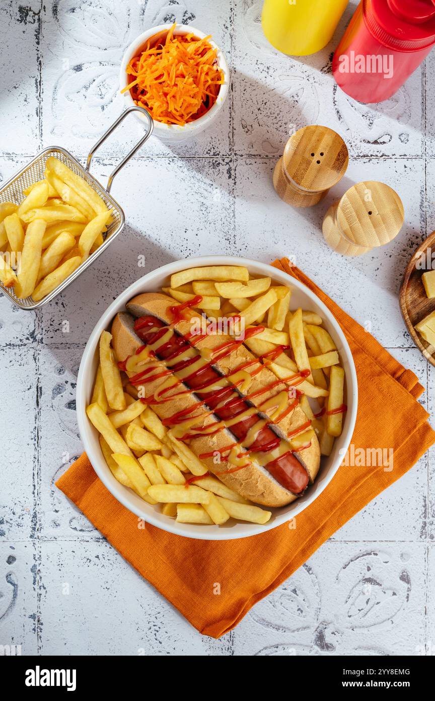 hot dog with fried potatoes Stock Photo - Alamy