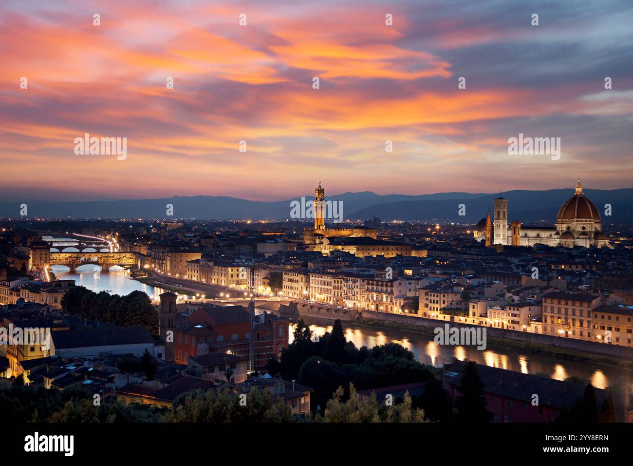 Florence cityscape at night from Michelangelo Hill, Italy Stock Photo ...