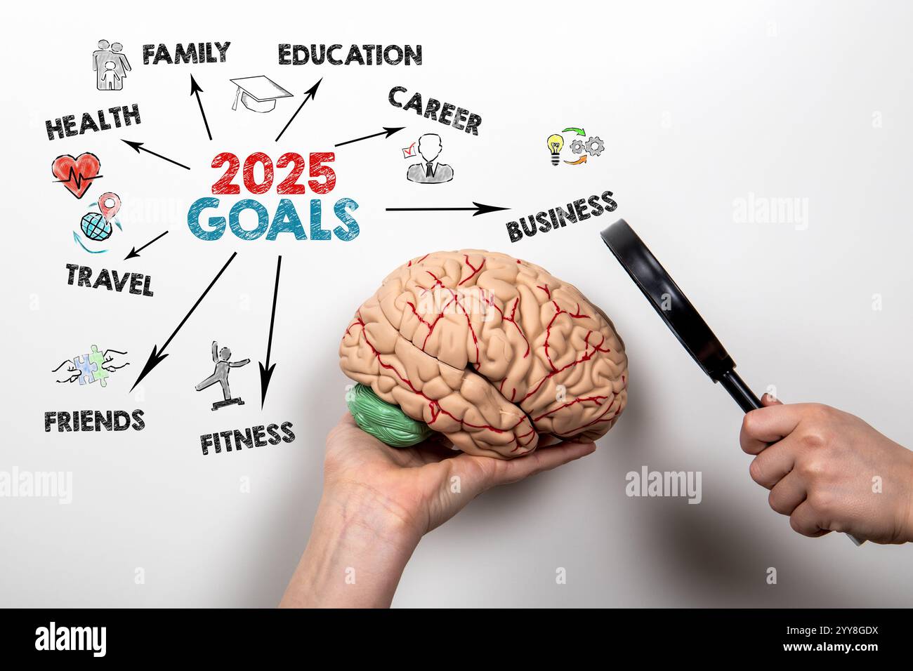 2025 Goals. Human brain model. Illustration with keywords, icons and ...