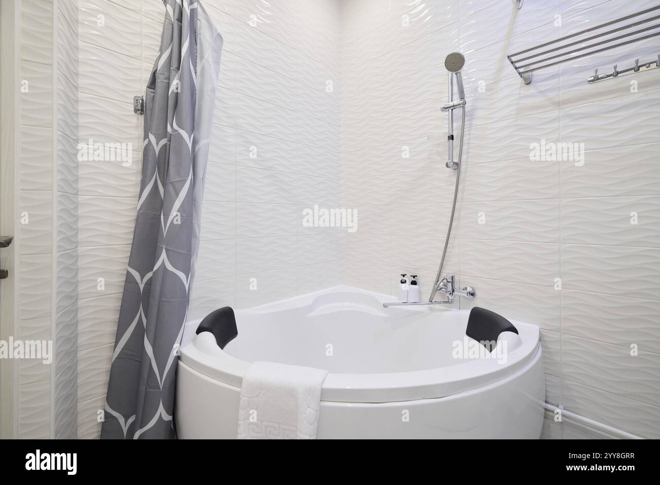 A Modern Bathroom Featuring an Elegant Tub and a Stylish Shower Setup ...