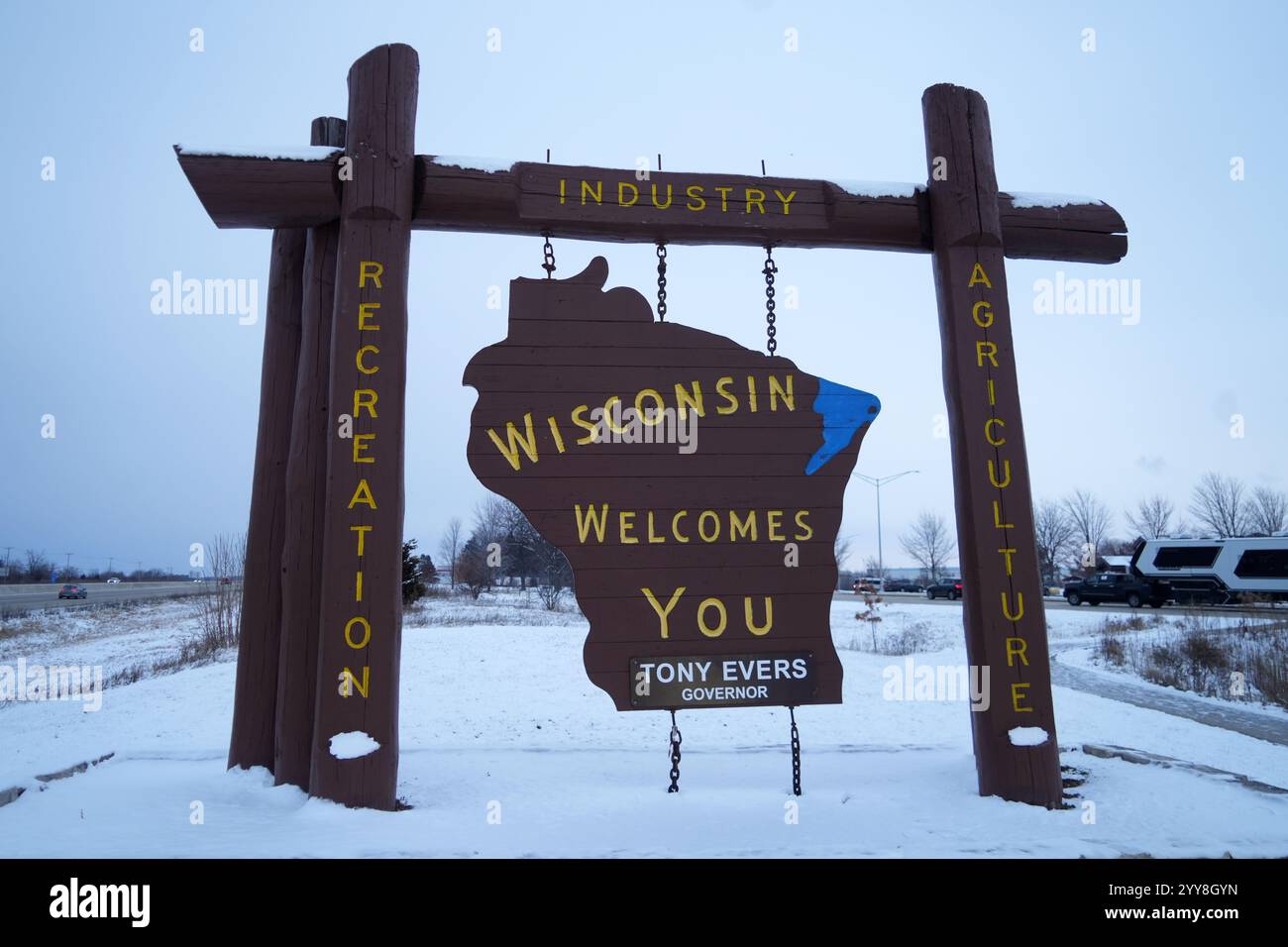 A Wisconsin Welcomes You sign with the name of governor Tony Evers ...
