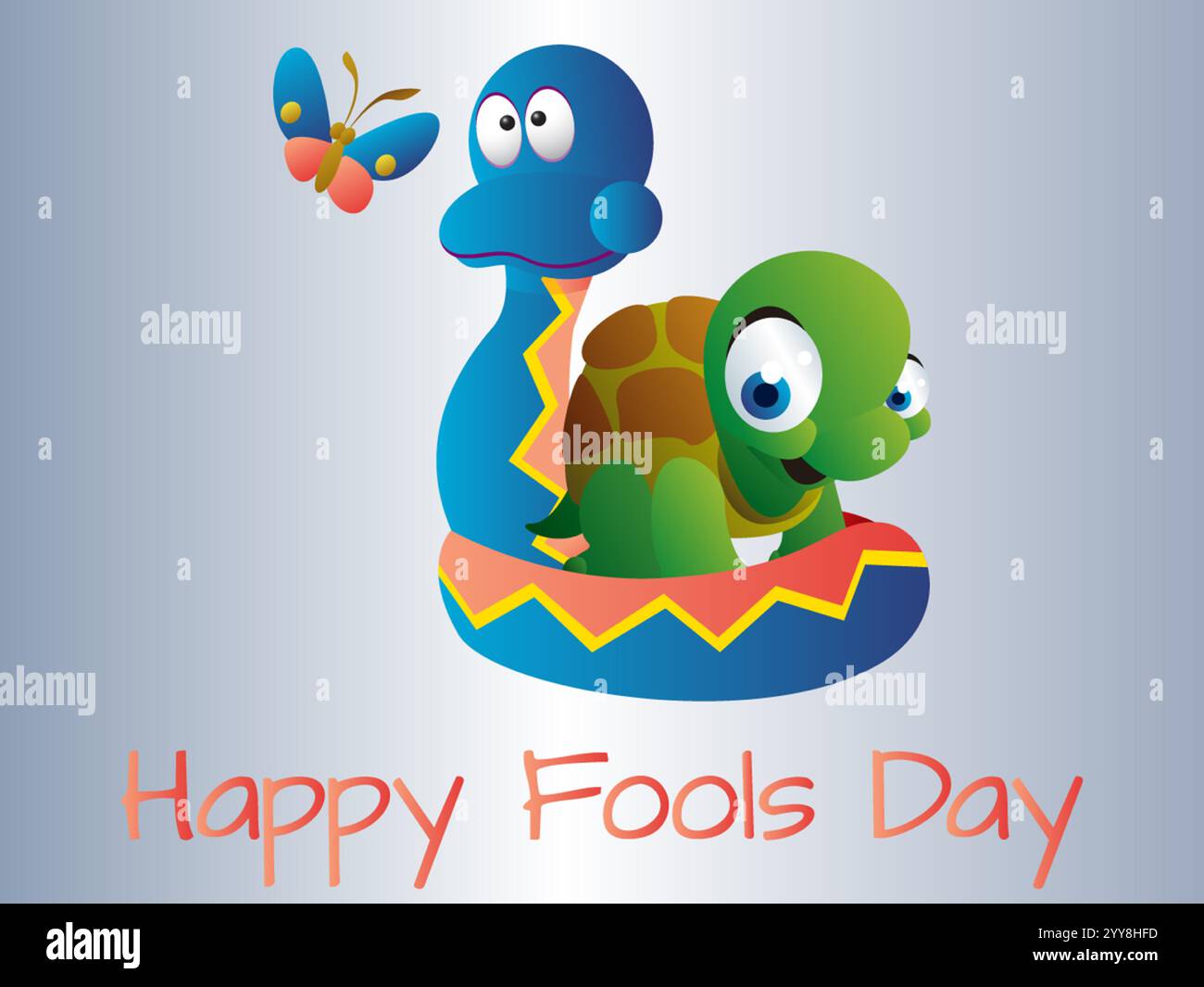 Turtle and a butterfly are on a blue and orange float. The image is ...