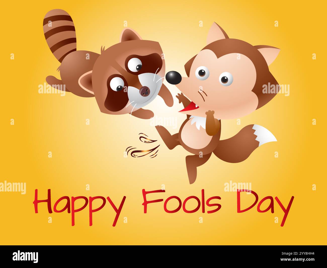 Cartoon of a raccoon and a fox with the words Happy Fools Day written ...