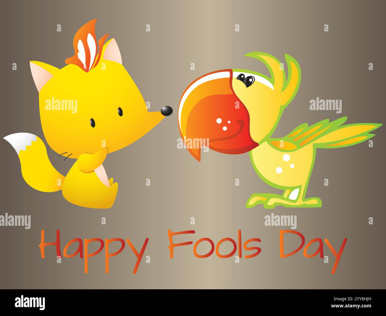 Cartoon of a fox and a parrot on a brown background. The background is ...