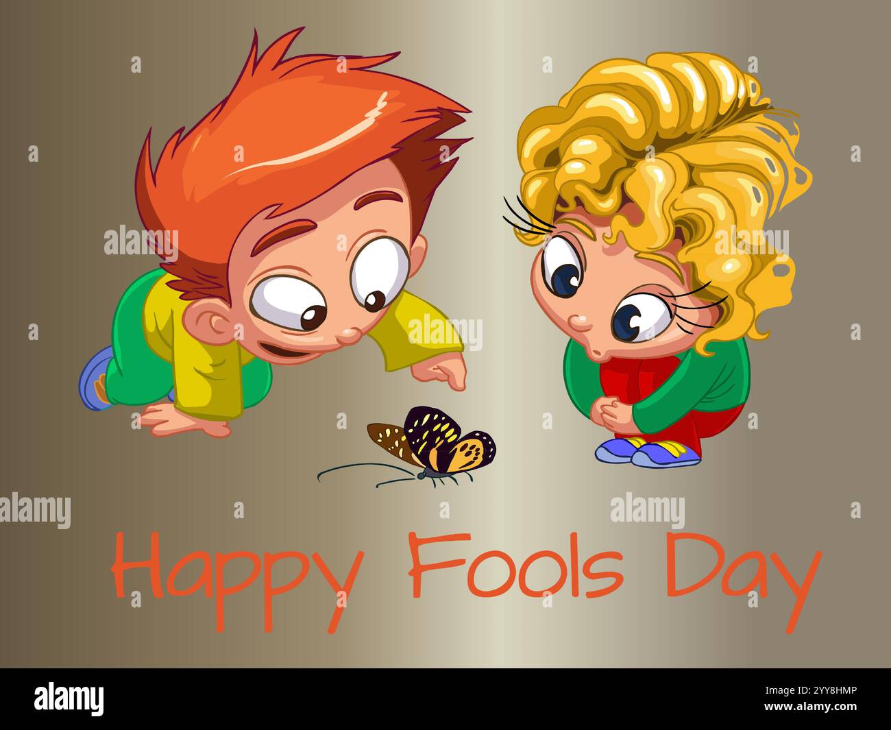 Cartoon of two children looking at a butterfly. The text below the ...