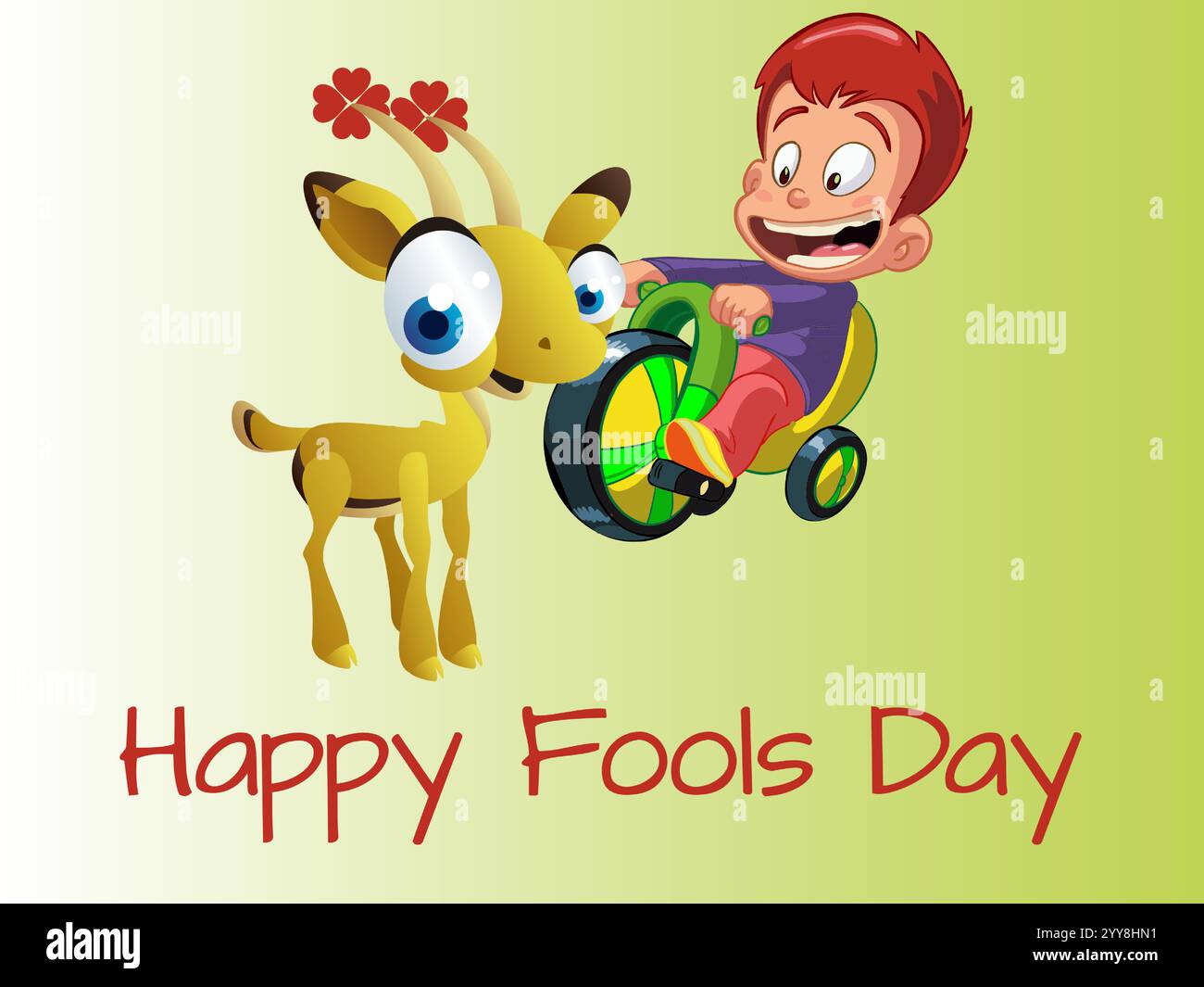 Cartoon of a boy riding a tricycle with a goat on the side. The text ...