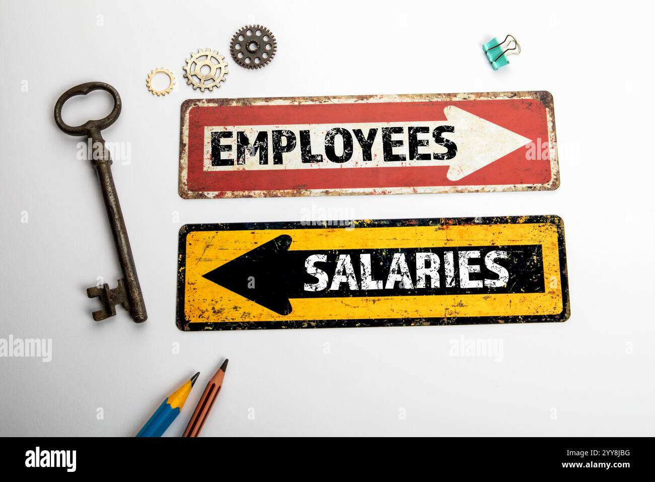 Employees and Salaries. Red and yellow directional arrow with text ...