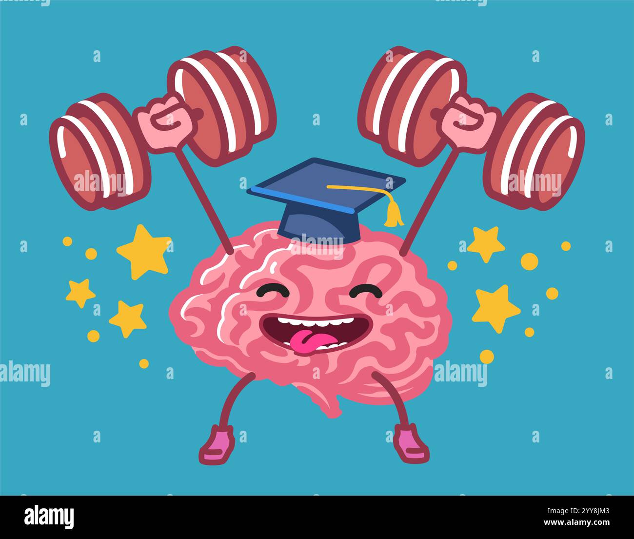 Cartoon character funny brain in graduation cap training with dumbbells ...