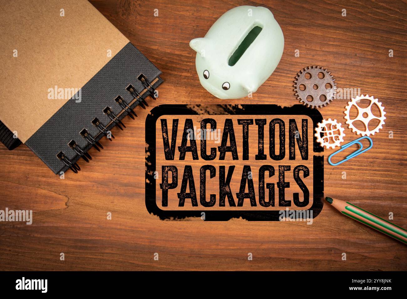 Vacation Packages. Stamp on wood texture background. Office desk Stock ...