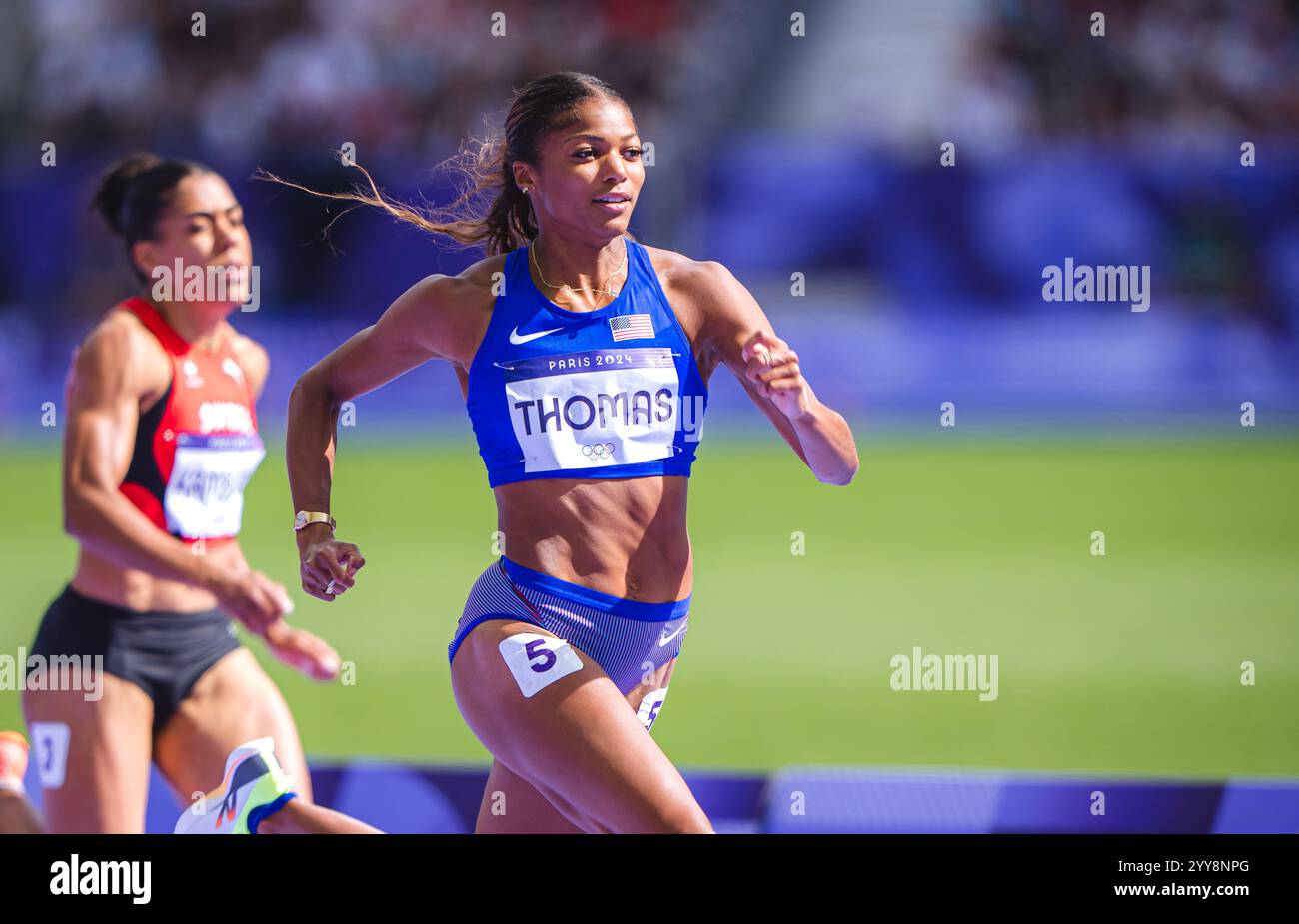 Gabrielle Thomas participating in the 200 meters at the Paris 2024 ...