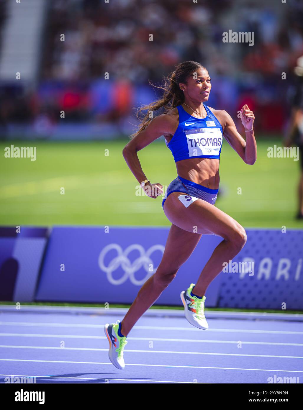 Gabrielle Thomas participating in the 200 meters at the Paris 2024 ...