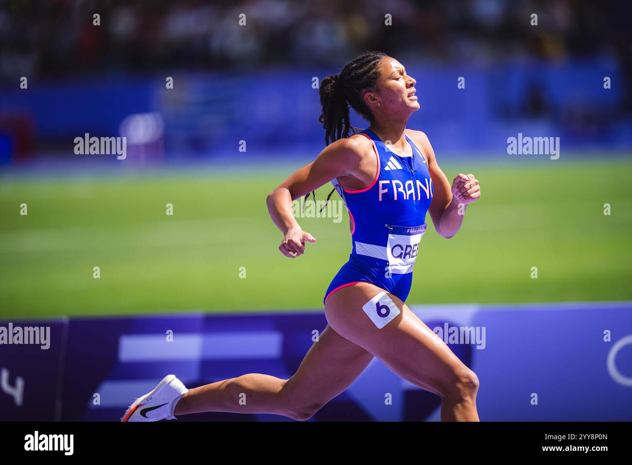 Shana Grebo participating in the 400 meters hurdles at the Paris 2024 ...