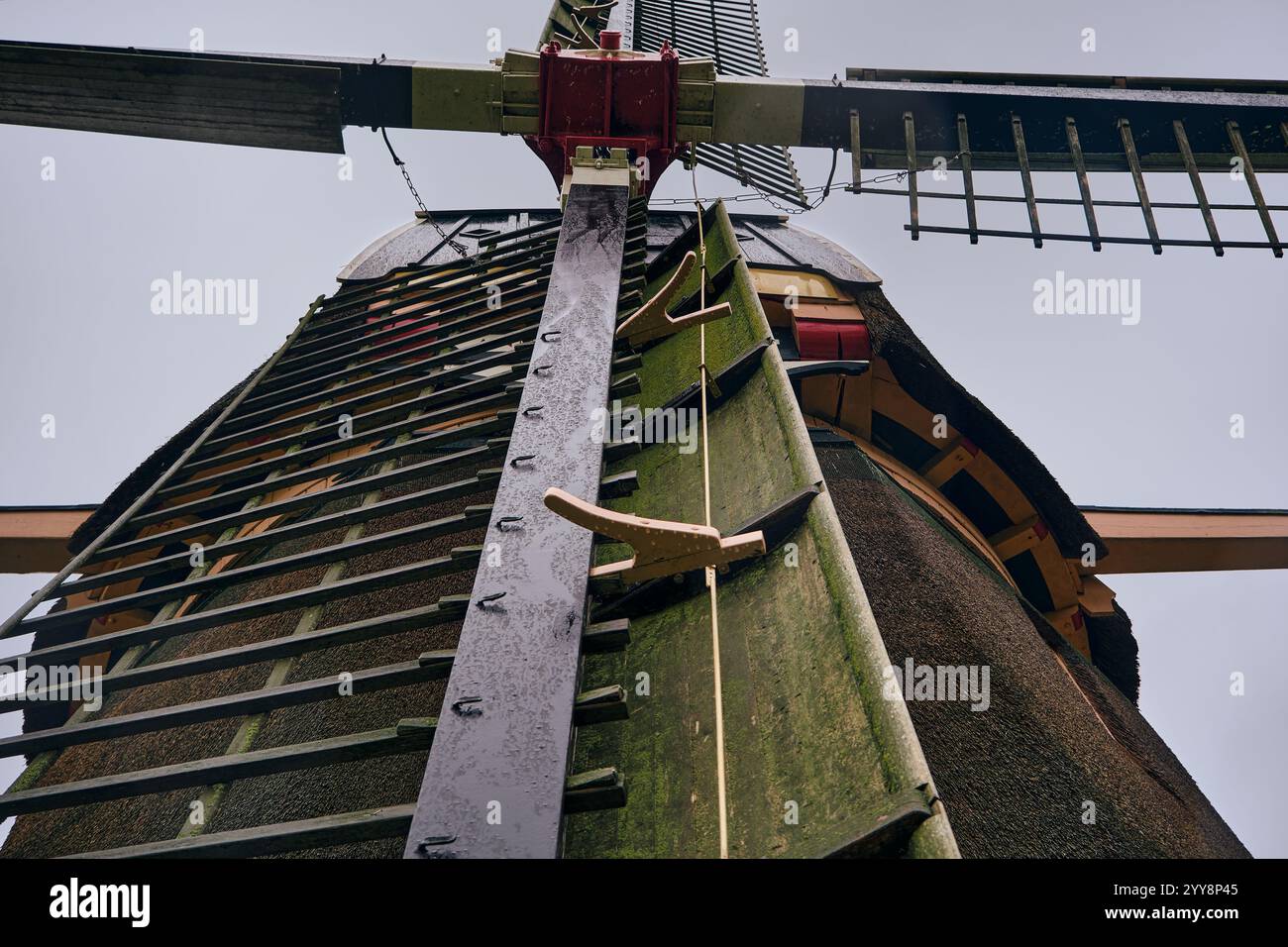 Close-up on the Loenderveense polder mill, a historic drainage windmill ...