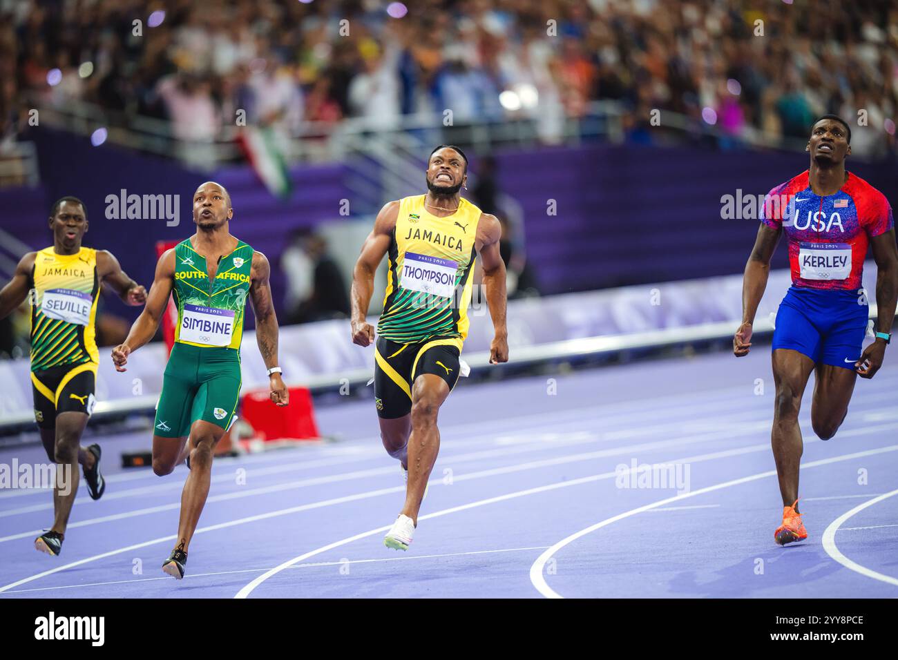 Kishane Thompson participating in the 100 metres at the Paris 2024 ...