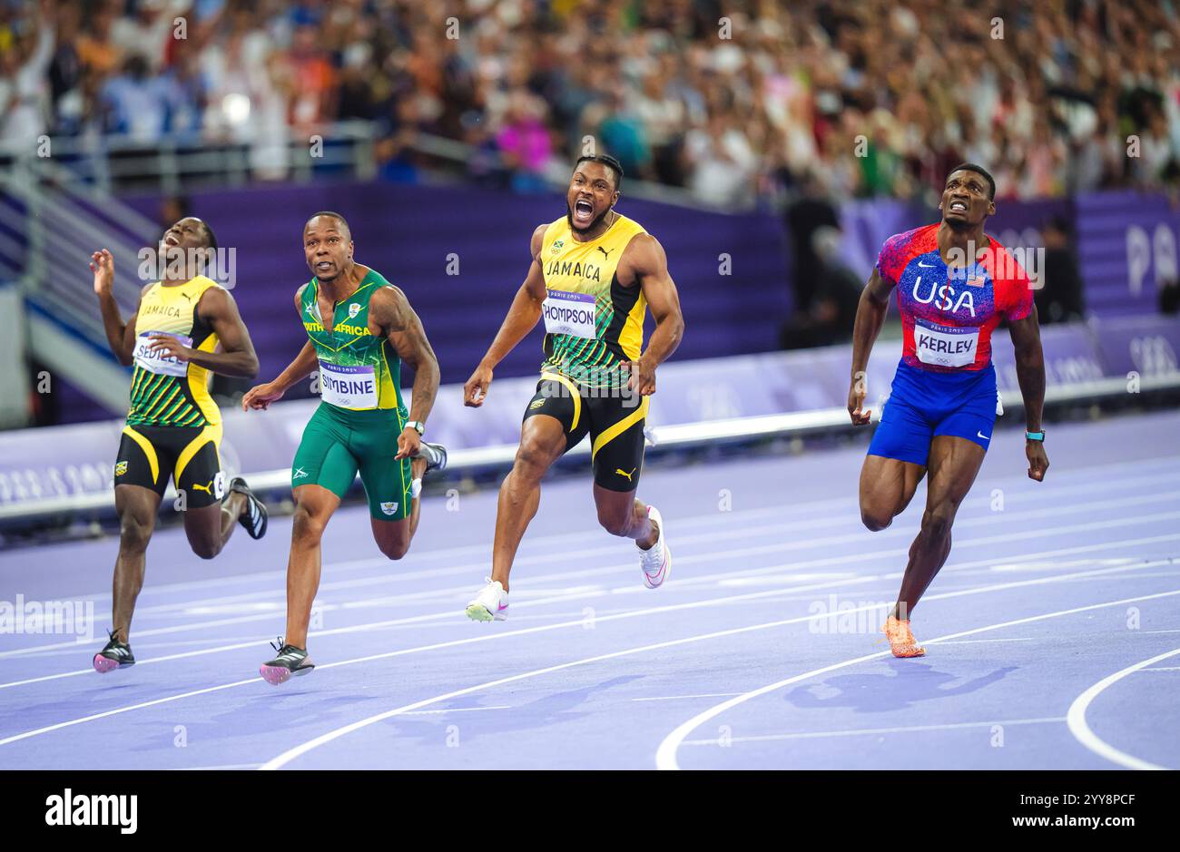 Kishane Thompson participating in the 100 metres at the Paris 2024 ...
