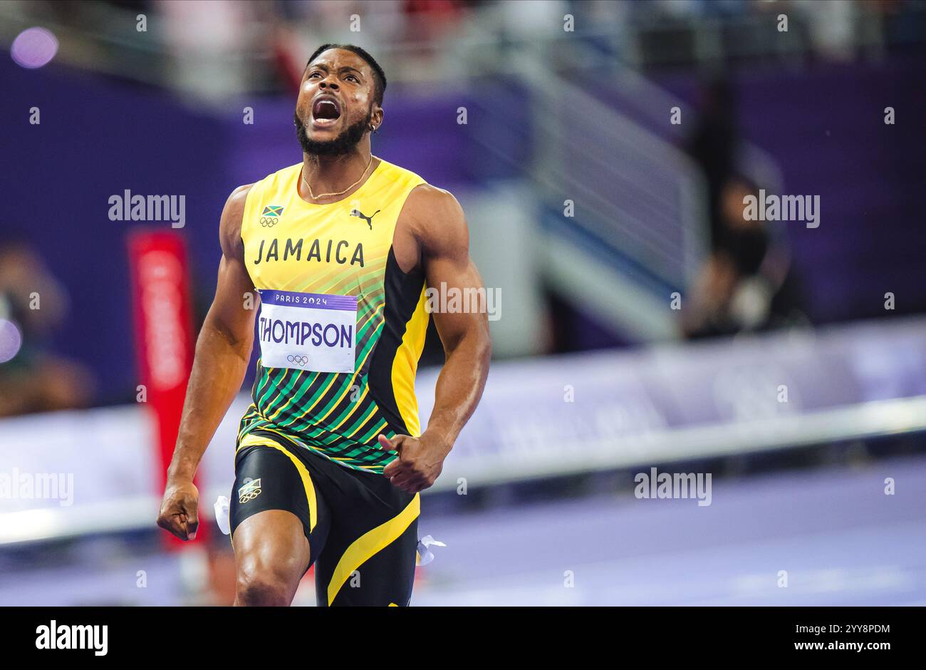 Kishane Thompson participating in the 100 metres at the Paris 2024 ...