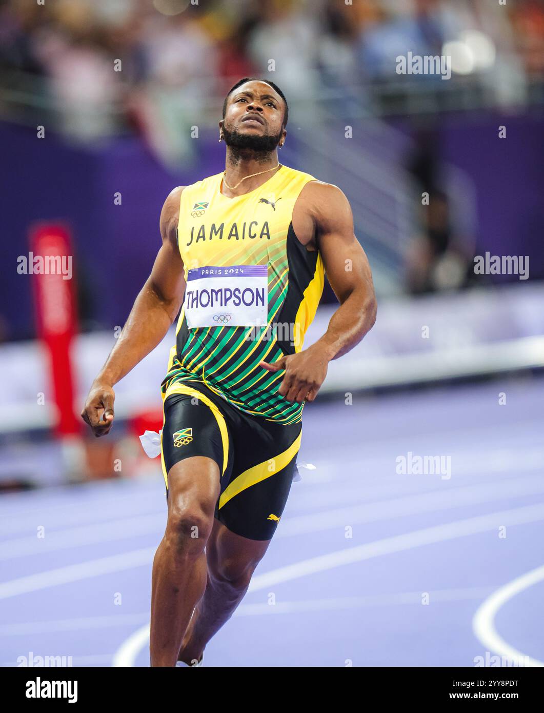 Kishane Thompson participating in the 100 metres at the Paris 2024 ...