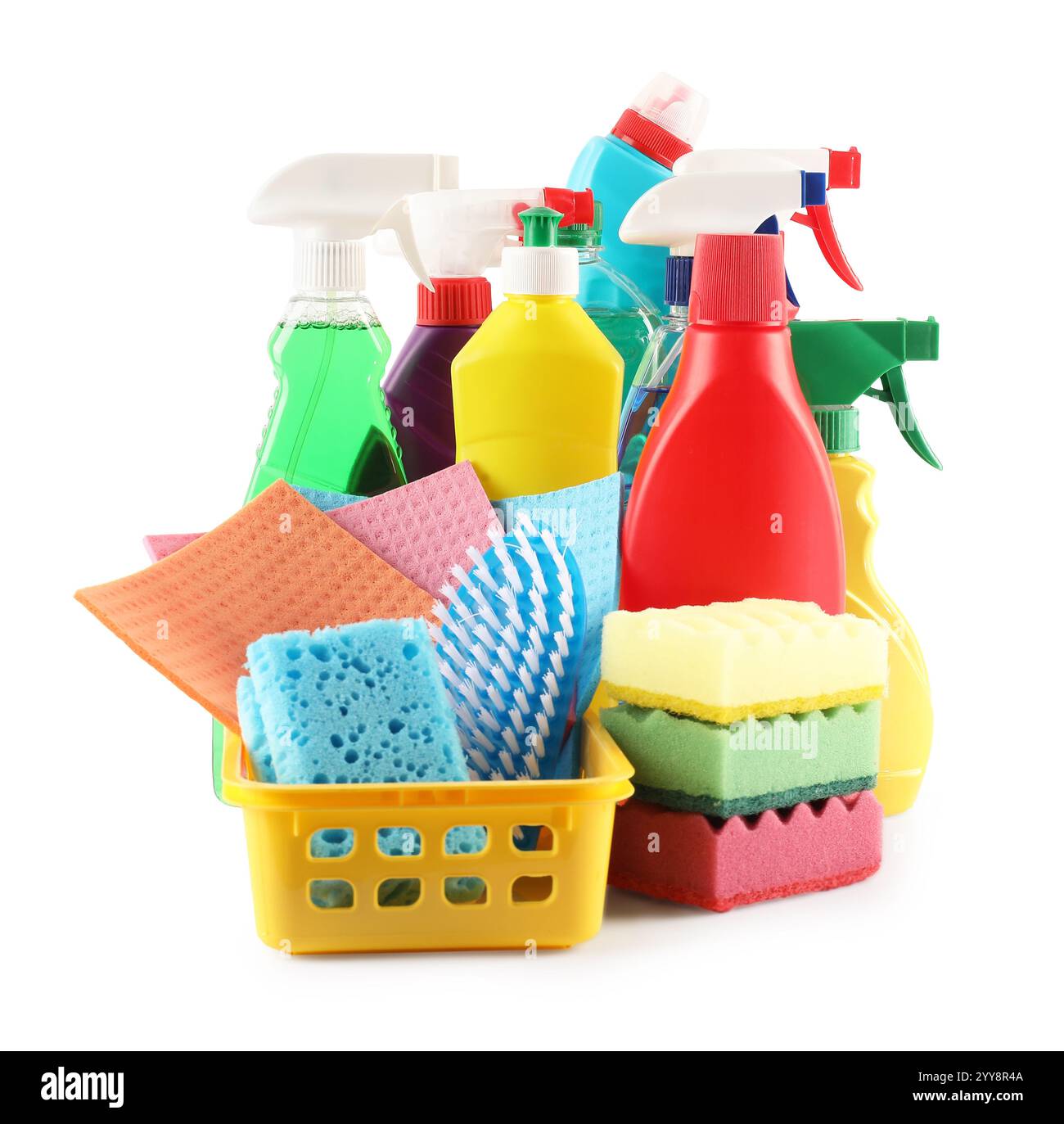 Set of different cleaning products isolated on white Stock Photo - Alamy