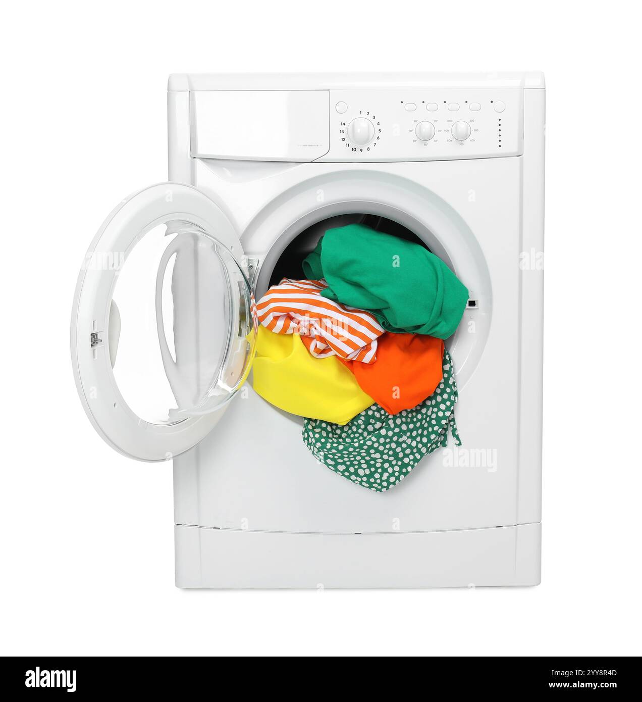 Washing machine full of colorful clothes isolated on white Stock Photo ...