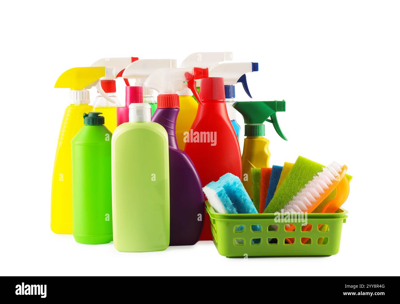 Set of different cleaning products isolated on white Stock Photo - Alamy
