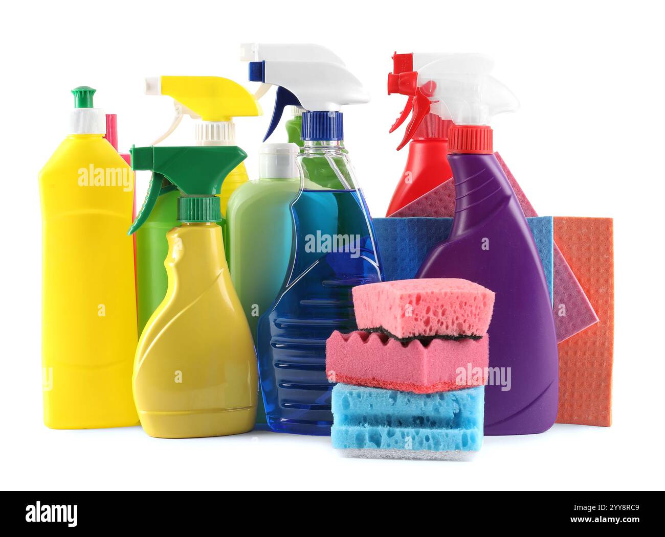 Set of different cleaning products isolated on white Stock Photo - Alamy