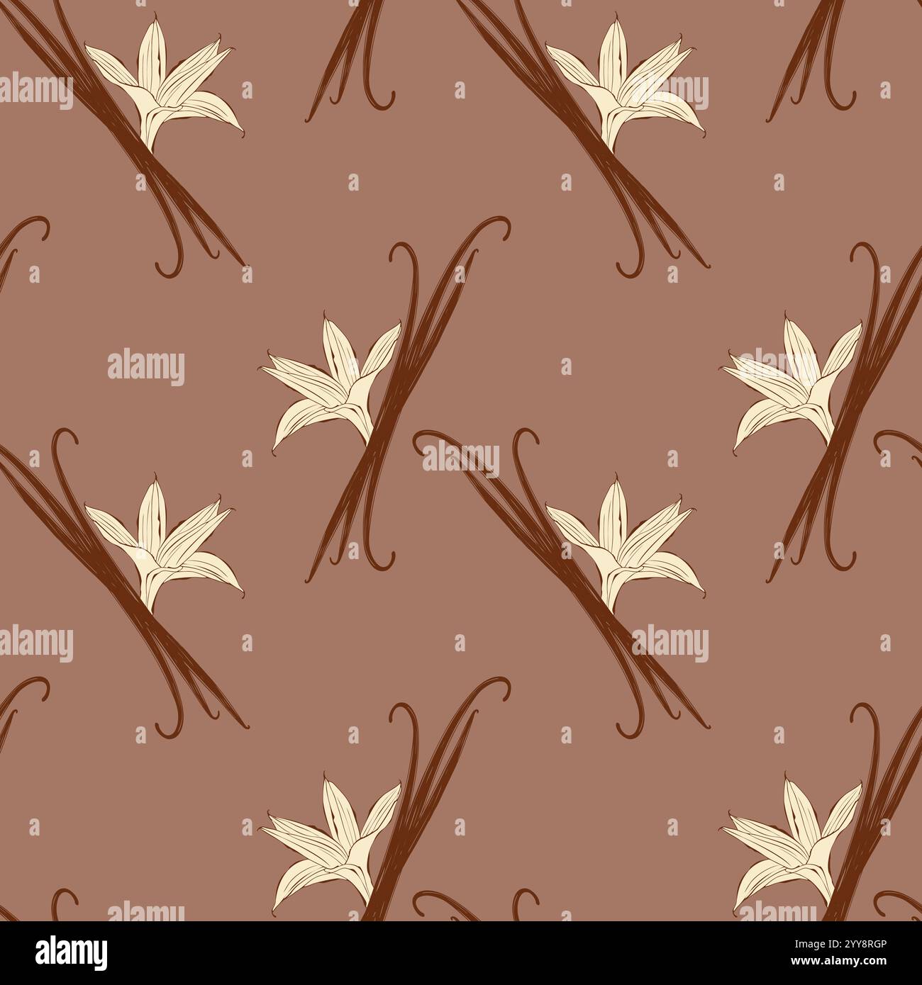Pattern with beige vanilla flowers and sticks pod, on mocha mousse ...