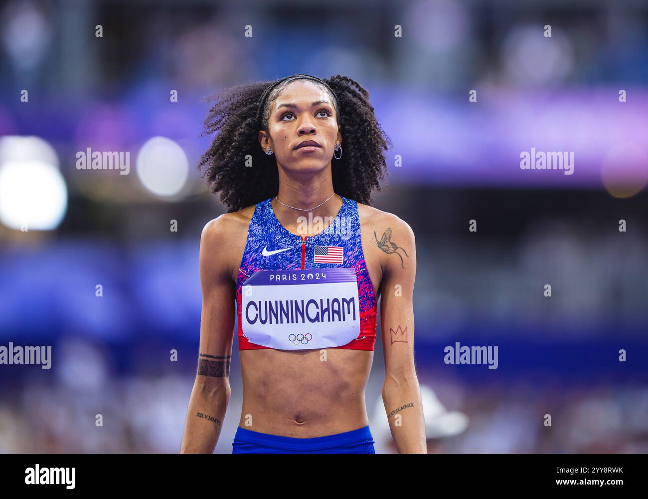 Vashti Cunningham participating in the high jump at the Paris 2024 ...