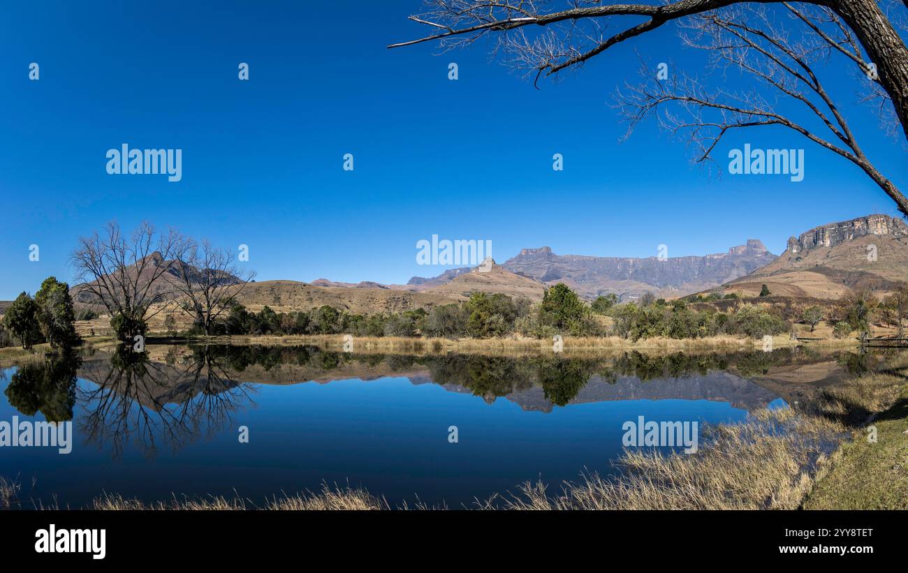 Landscape of the Ampitheatre Mountian, Northern Drakensberg reflecting ...