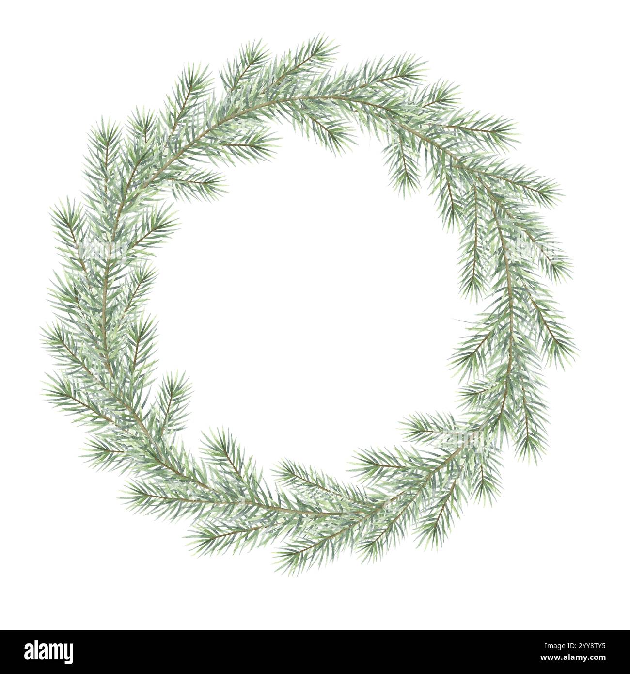 Christmas round wreath with green spruce branches. Hand drawn ...