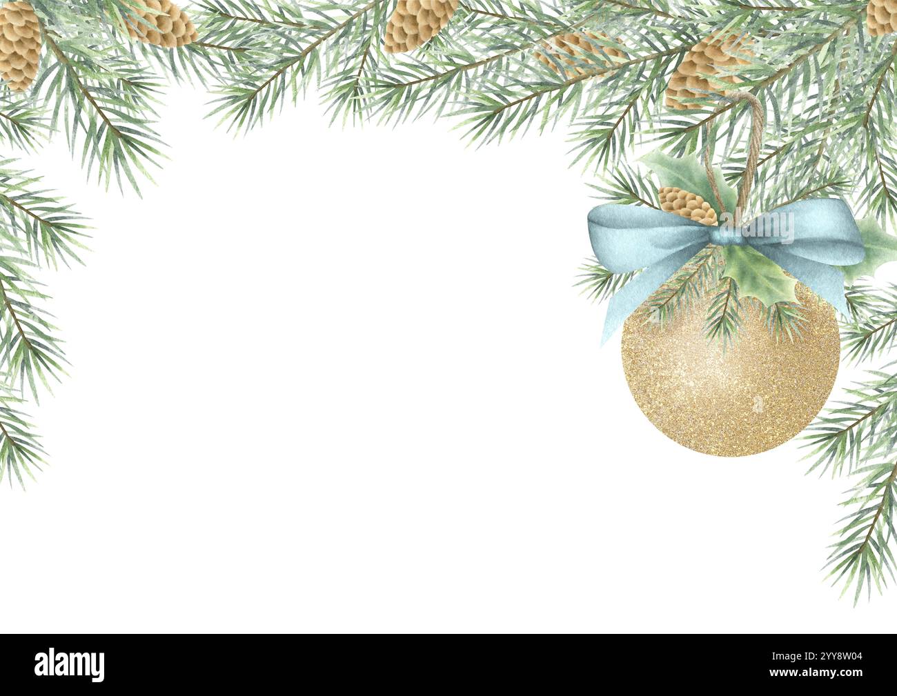 Christmas card horizontal template with golden tree ball with blue bow ...