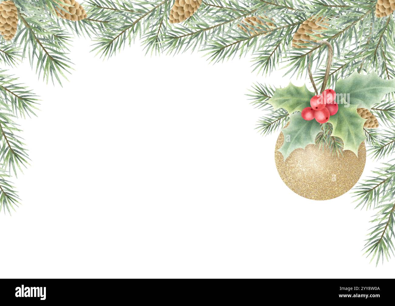 Christmas card horizontal template with golden tree ball with holly ...