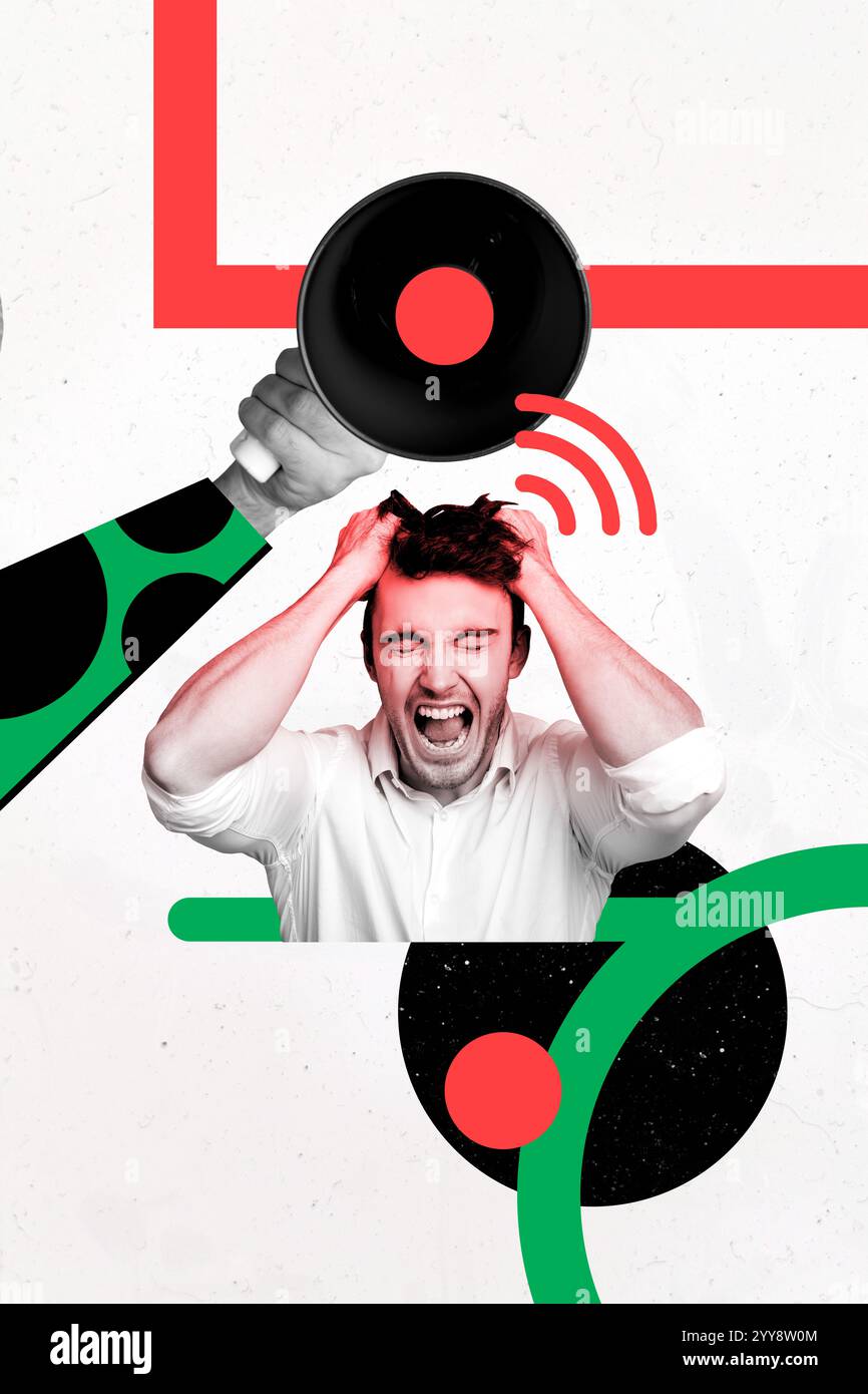 Vertical photo collage of angry man hold hair scream problem cd disk ...