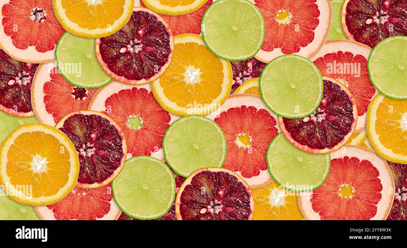 Round slices of orange, grapefruit, lime and blood orange, full frame ...