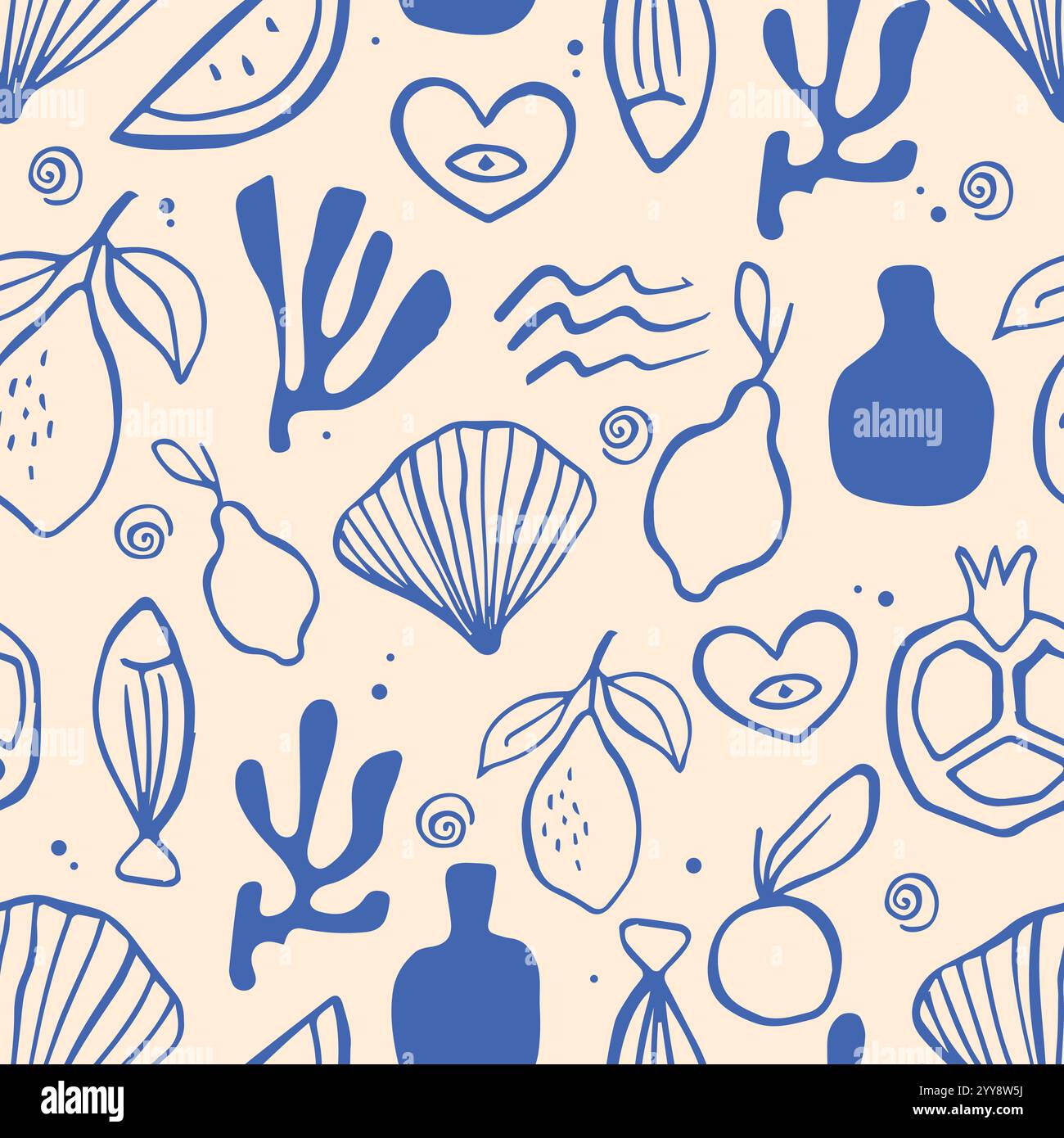 Mediterranean modern seamless patern with sketch style illustrations ...