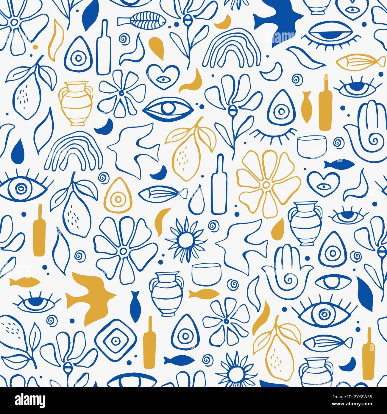 Mediterranean modern seamless patern with sketch style illustrations ...