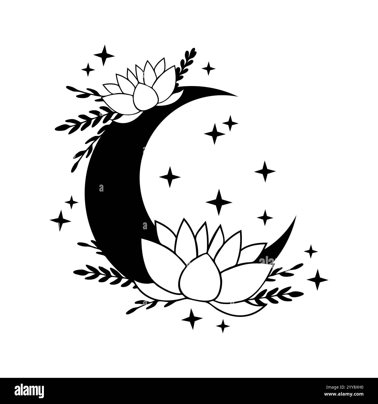 Celestial outline crescent moon with lotus and stars Stock Vector Image ...