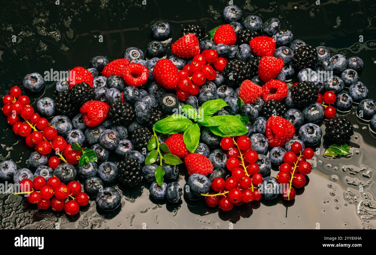 Background of fresh berries. Berry fruit. Blueberries, blackberries and ...
